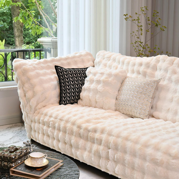 Everly Quinn Thick Plush Faux Rabbit Fur Sofa Slipcovers 1-Piece Non-Slip Warm Soft Cozy Couch ...